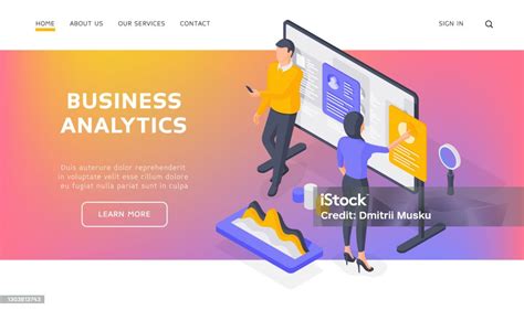 데이터 등대 벡터 일러스트레이션으로 작업하는 비즈니스 분석가 배너 템플릿 3차원 형태에 대한 스톡 벡터 아트 및 기타 이미지 3차원 형태 검색 경제 Istock