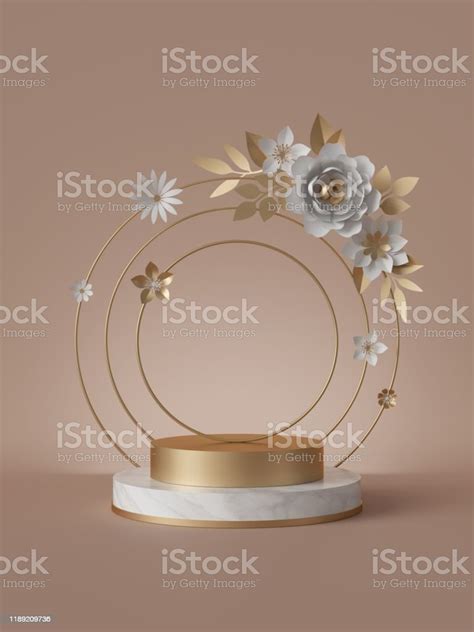 3d 렌더링 대리석 연단 꽃 둥근 아치 상업용 제품 디스플레이 받침대 종이 꽃 베이지 색 배경에 고립 된 추상 최소한의 패션 개념 화장품 포스터 템플릿 0명에 대한 스톡