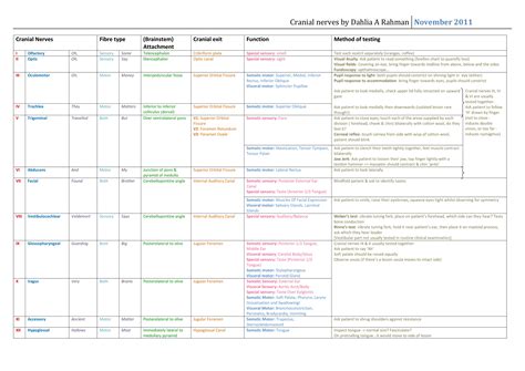 Cranial Nerves Function Chart