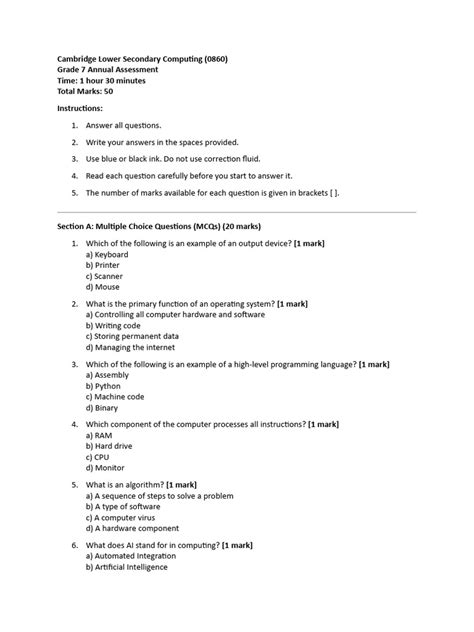 Cambridge Lower Secondary Computing Grade 7 Question Paper Pdf Computer Programming