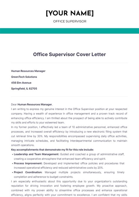 Free Office Supervisor Cover Letter Template To Edit Online