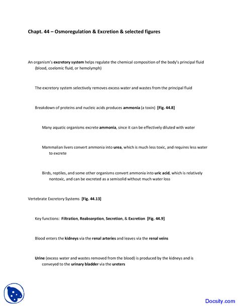 Osmoregulation And Excretion Biology For Science Lecture Notes Docsity