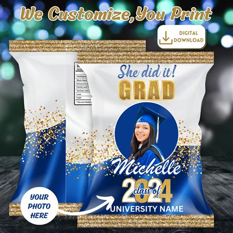 Graduation Chip Bag Template For Graduand Blue And Gold Graduation Chip