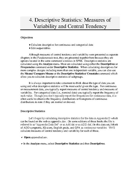 Spsschapter 4 Spss 4 Descriptive Statistics Measures Of