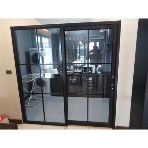 ประตูบานเลื่อนรางบน อลูมิเนียมสีดำ กระจกใส คาดลายโมเดิร์น Shopee Thailand