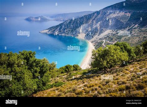 Aerial View Of Beautiful Myrtos Bay And Beach On Kefalonia Island