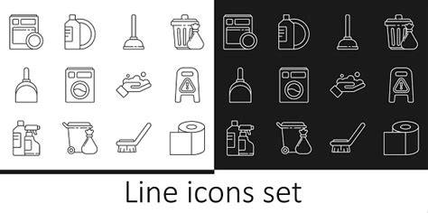 세트 라인 화장지 롤 젖은 바닥 및 청소 진행 중 고무 플런저 세탁기 쓰레받기 주방 식기 세척기 비누로 손 씻기 및 식기 세척액 병 접시 아이콘 벡터 식기세척기에 대한 스톡