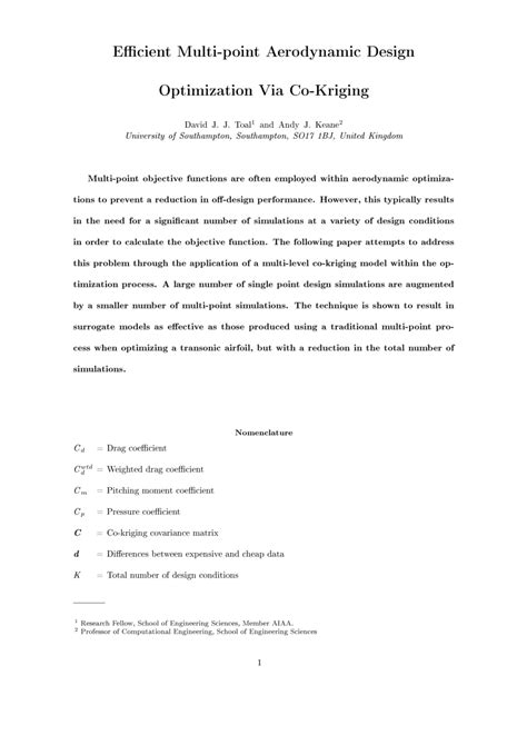 Pdf Efficient Multipoint Aerodynamic Design Optimization Via Cokriging
