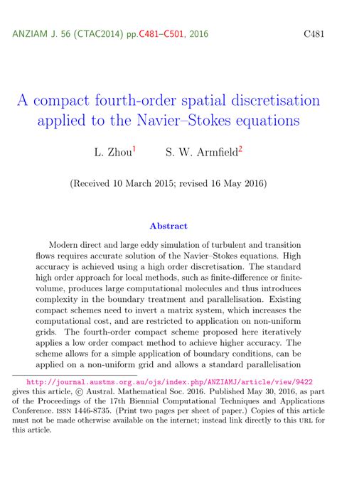 Pdf A Compact Fourth Order Spatial Discretisation Applied To The Navier Stokes Equations