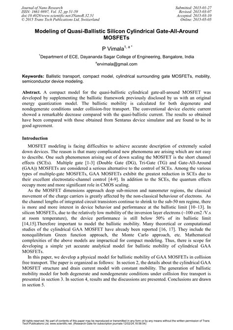 Modeling Of Quasi Ballistic Silicon Cylindrical Gate All Around Mosfets