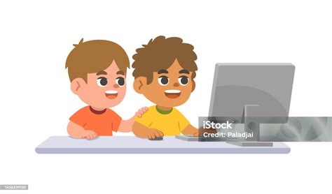 책상 위의 컴퓨터를 사용하는 백인 소년과 흑인 소년 흰색 배경에 일러스트 만화 캐릭터 벡터 디자인 아이와 교육 개념 아이에 대한 스톡 벡터 아트 및 기타 이미지 Istock