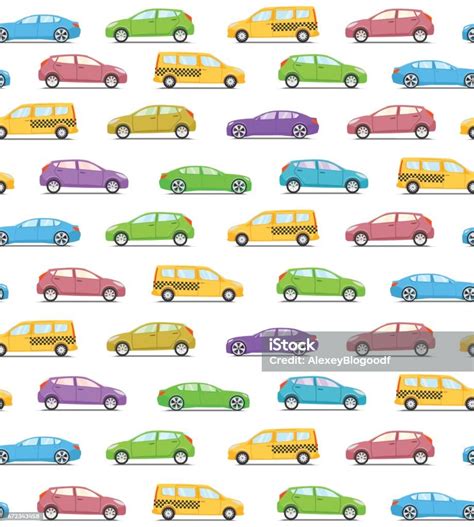 원활한 벡터 패턴 색 자동차 평면 스타일입니다 세 단 또는 Supercar 해치백 또는 가족 차 그리고 노란 택시 벡터 일러스트입니다 Brand Name Domestic