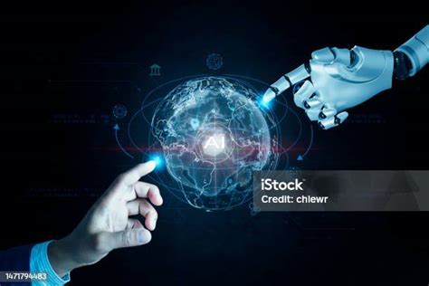 기술 사람들 개념 남자는 Ai를 사용하여 일을 돕고 인공 지능 학습 비즈니스 현대 기술 인간의 손으로 만지는 글로벌 네트워크 및