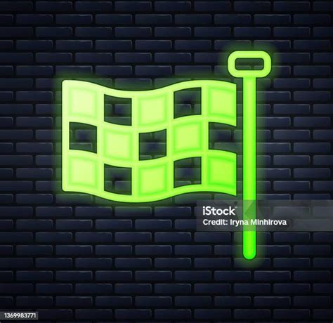 벽돌 벽 배경에 고립 된 빛나는 네온 체크 어 깃발 아이콘 경주 플래그 벡터 경쟁에 대한 스톡 벡터 아트 및 기타 이미지 경쟁 기 녹색 Istock