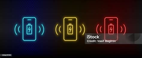 네온 아이콘 세트 모바일 충전기 통지 빨간색 파란색 노란색 네온 벡터 아이콘 세트 배터리 전원에 대한 스톡 벡터 아트 및 기타 이미지 배터리 전원 불타는 듯한 스마트
