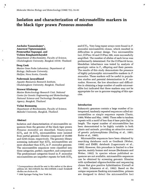 Pdf Isolation And Characterization Of Microsatellite Markers In The Black Tiger Prawn Penaeus