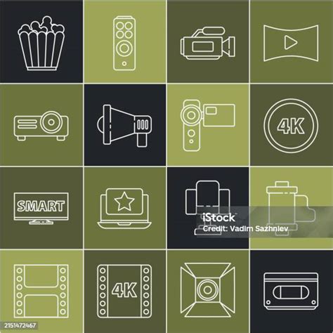 세트 라인 Vhs 비디오 카세트 테이프 카메라 빈티지 필름 롤 카트리지 4k 울트라 Hd 시네마 카메라 메가폰 영화 영화 미디어 프로젝터 팝콘 상자 및 아이콘 벡터 1위에