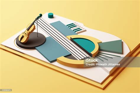 바이올린과 악기 개념 노란색과 녹색 톤의 기하학적 모양 플랫폼의 추상 적 구성 3d 렌더링 0명에 대한 스톡 사진 및 기타 이미지 Istock
