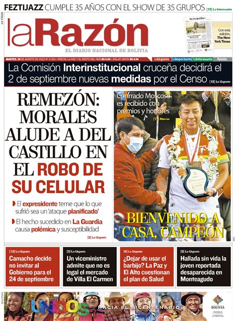 Tapa De La Razón Del Martes 30 De Agosto De 2022 La Razón