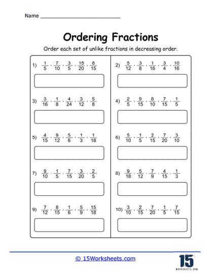 Ordering Fractions Worksheets Like And Unlike Denominators 15