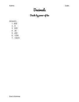 Divide By Powers Of Ten Decimals Practice Worksheet Quiz Test Homework Study