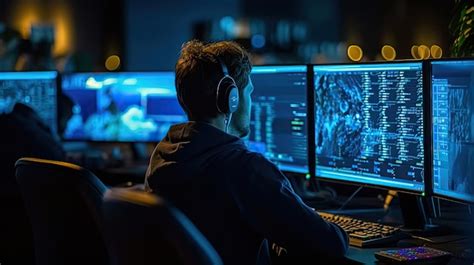 Un Hombre Está Programando Con Pantallas Grandes Foto Premium
