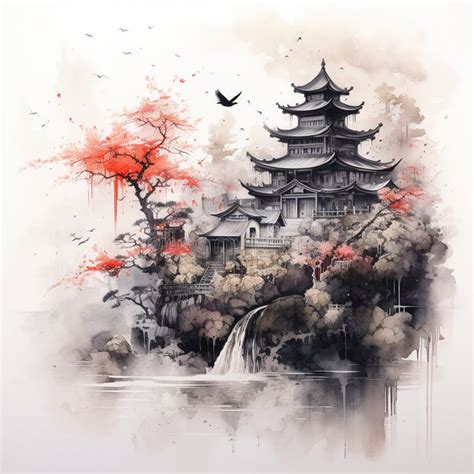 Minimalist Japanese Sumi E Flower Painting Stock Illustration