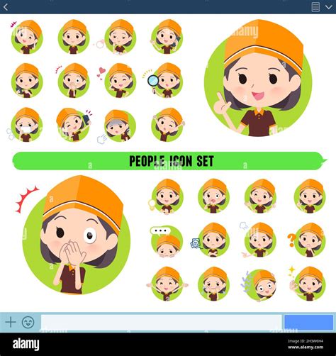 A Set Of Fast Food Clerk Woman With Expresses Various Emotions In Icon