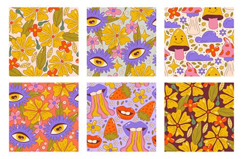 트리피 그루비 플라워 솔기 패턴 세트 데이지 눈 버섯 구름이 있는 복고풍 그루비 꽃 패턴 사이키델릭 만화 디자인 여름 완벽 한