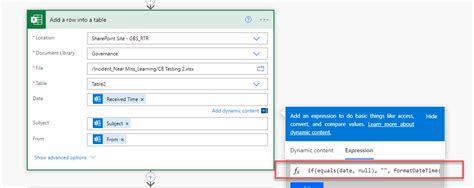 how to input information from the email into excel power platform
