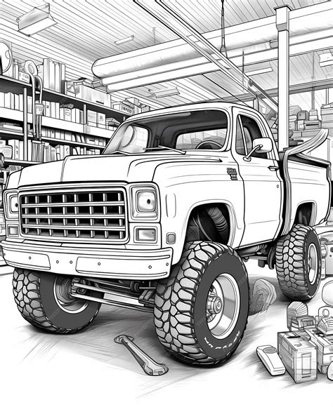 Página Para Colorear Camioneta Monstruo Gmc Realista En Un Taller De