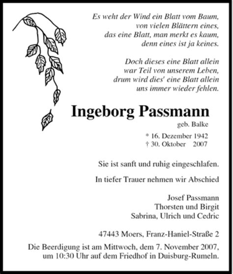 Traueranzeigen Von Ingeborg Passmann Trauer In Nrwde