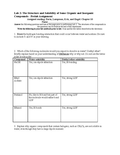 CHM Lab Pre Lab Lab Pre Lab Lab The Structure And Solubility Of Some Organic And