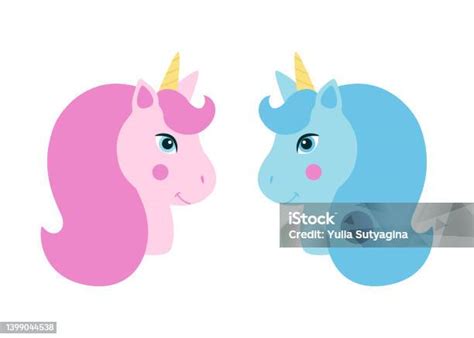 갈기와 노란색 뿔이있는 분홍색과 파란색 유니콘 머리 귀여운 판타지 유니콘 아기를위한 동화 흰색 배경에 벡터 일러스트 레이 션 0명에 대한 스톡 벡터 아트 및 기타 이미지