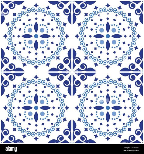 Portuguese And Spanish Inspired Azulejo Tile Seamless Vector Pattern In