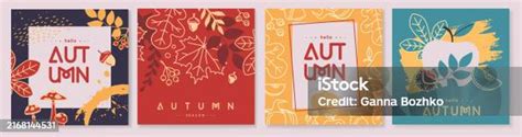 복고풍 라인 아트 가을 표지 또는 가을 꽃 속성을 가진 카드 세트 벡터 일러스트 레이 션 10월에 대한 스톡 벡터 아트 및 기타 이미지 10월 11월 9월 Istock