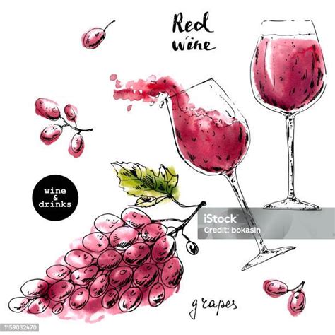 빨간 수채화 얼룩과 포도 열매와 와인 잔의 손으로 그린 잉크 스케치 와인에 대한 스톡 벡터 아트 및 기타 이미지 와인