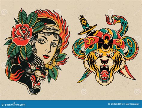 Old Skool Tatoo Flash Set Stock Vector Illustration Of Heavy 250263895