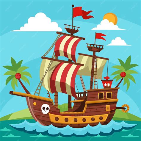 A Cartoon Of A Pirate Ship With A Pirate Ship On The Top Premium Ai