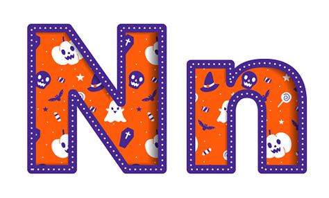 귀여운 해피 할로윈 N 알파벳 자본 작은 편지 파티 글꼴 타이포그래피 캐릭터 만화 무시 무시한 공포 다채로운 종이 컷 아웃 유형 디자인 축하 벡터 일러스트 레이 션 두개골