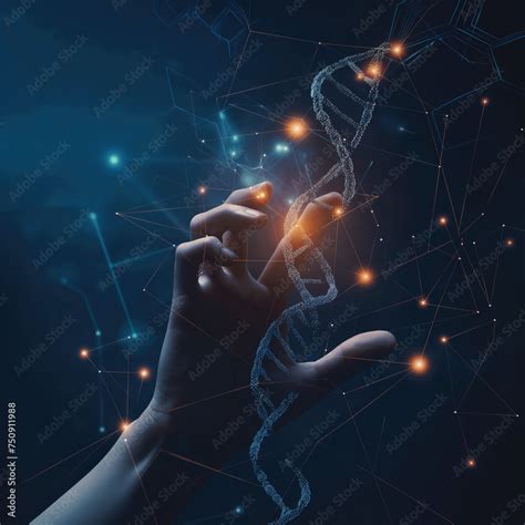 A Futuristic Representation Of A Human Hand Interacting With A Glowing Dna Helix Structure Amid