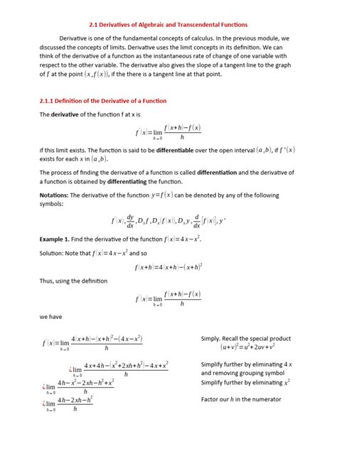 2 1 Derivatives Of Algebraic And Transcendental Functions Pdf