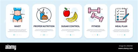 Mobile App Onboarding Screen Line Icons Of Nutrition Healthy Food Fitness And Workout Vector