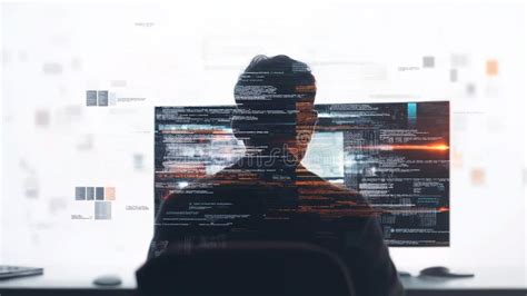 A Man Absorbed In Coding His Screen Filled With Lines Of Data And Tech Visions Stock