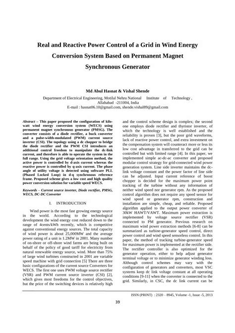 pdf real and reactive power control of a grid in wind energy · conversion system based on