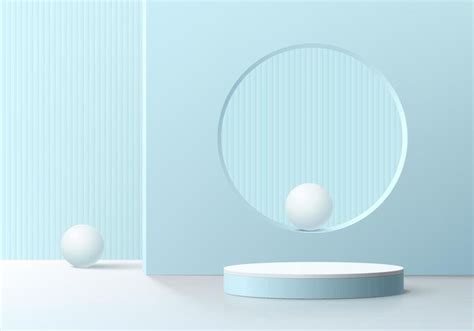 Abstract 3d Room With Realistic Blue And White Cylinder Pedestal Podium Vector Rendering