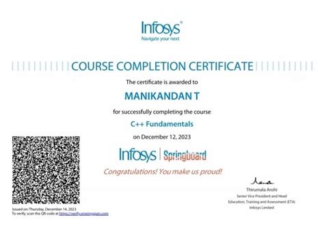 Cplusplus Certification Programming Professionalgrowth Infosys Manikandan T