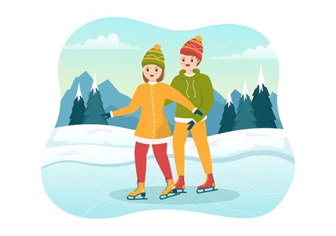 Premium Vector People Skating On Ice Rink For Outdoor Activity In