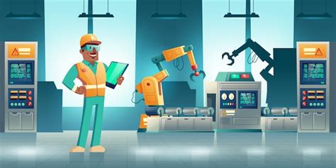 Concepto De Dibujos Animados De Producción Industrial Robotizada Manos