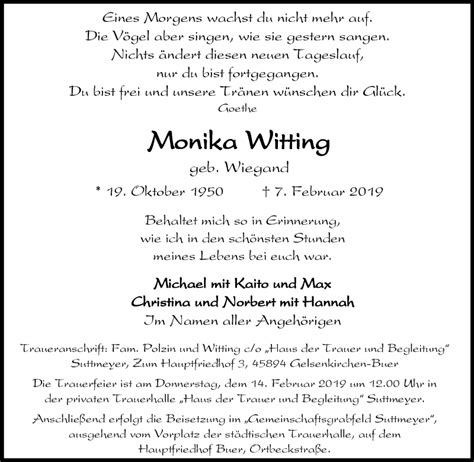 Traueranzeigen Von Monika Witting Trauer In Nrwde